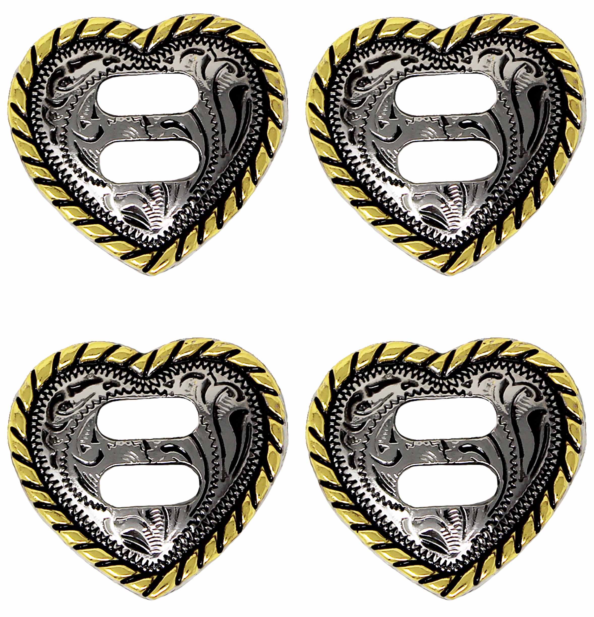 1-1/2" Set of 4 Slotted Heart Engraved Decorative Saddle Tack Conchos ...